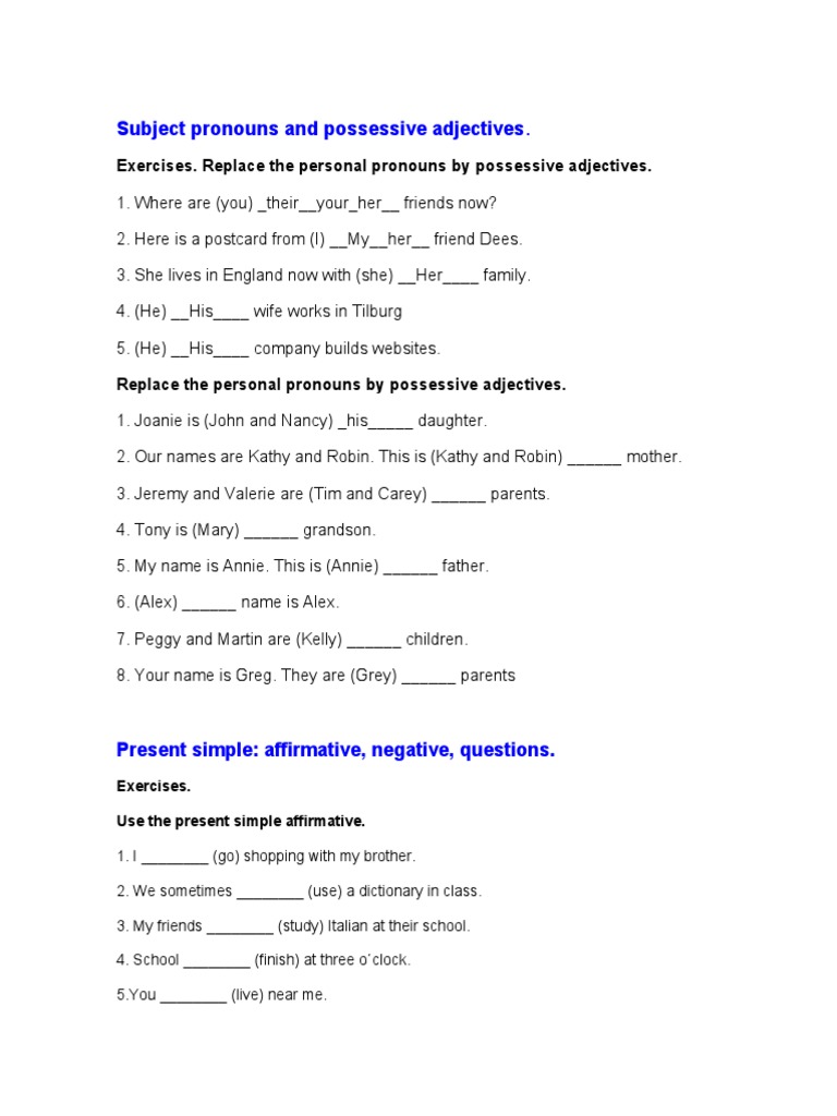 Subject Pronouns and Possessive Adjectives | PDF | Cognitive Science ...