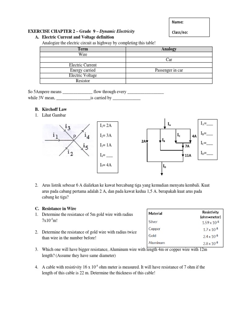 EXERCISE CHAPTER 2 - Grade 9 - Dynamic Electricity A. Electric Current and Voltage Definition ...