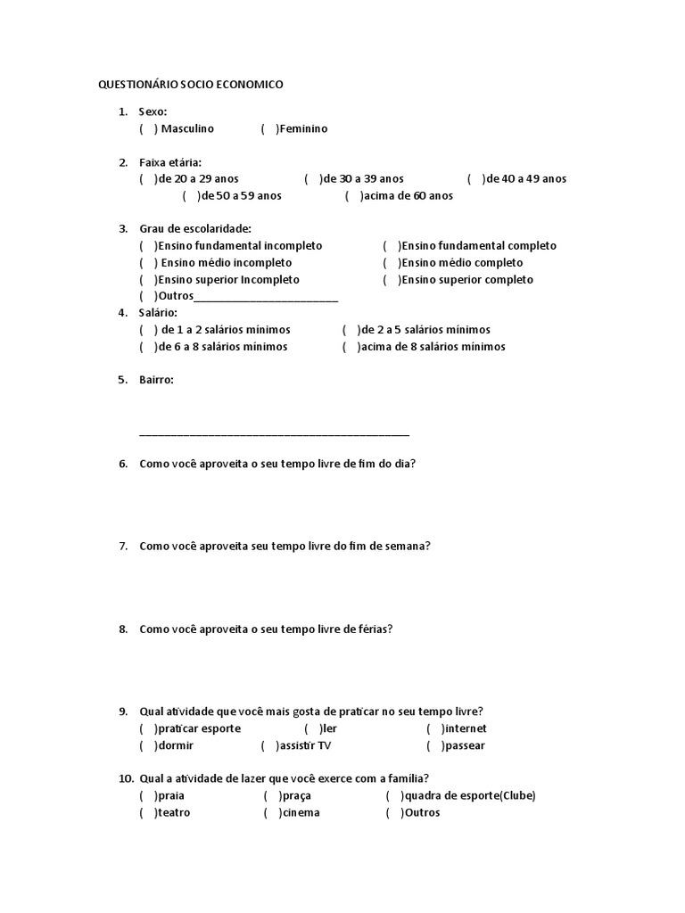 Questionário Socio Economico | PDF