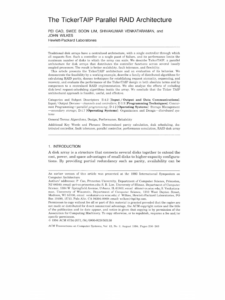The Tickertaip Parallel Raid Architecture: and John Wilkes Hewlett-Packard Laboratories | PDF ...