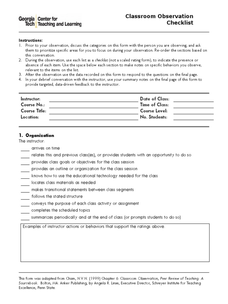 Classroom Observation Checklist | PDF | Reinforcement | Reading ...