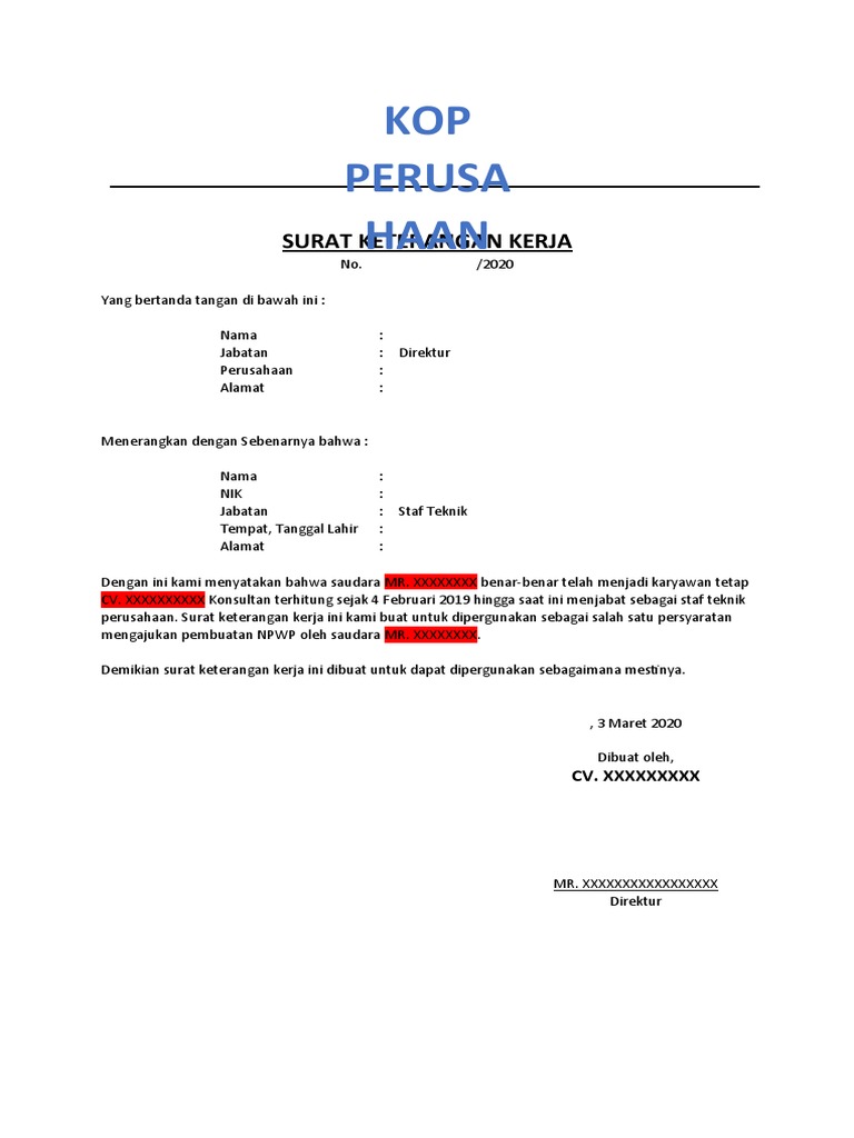 Contoh Surat Keterangan Kerja Untuk Pembuatan NPWP | PDF