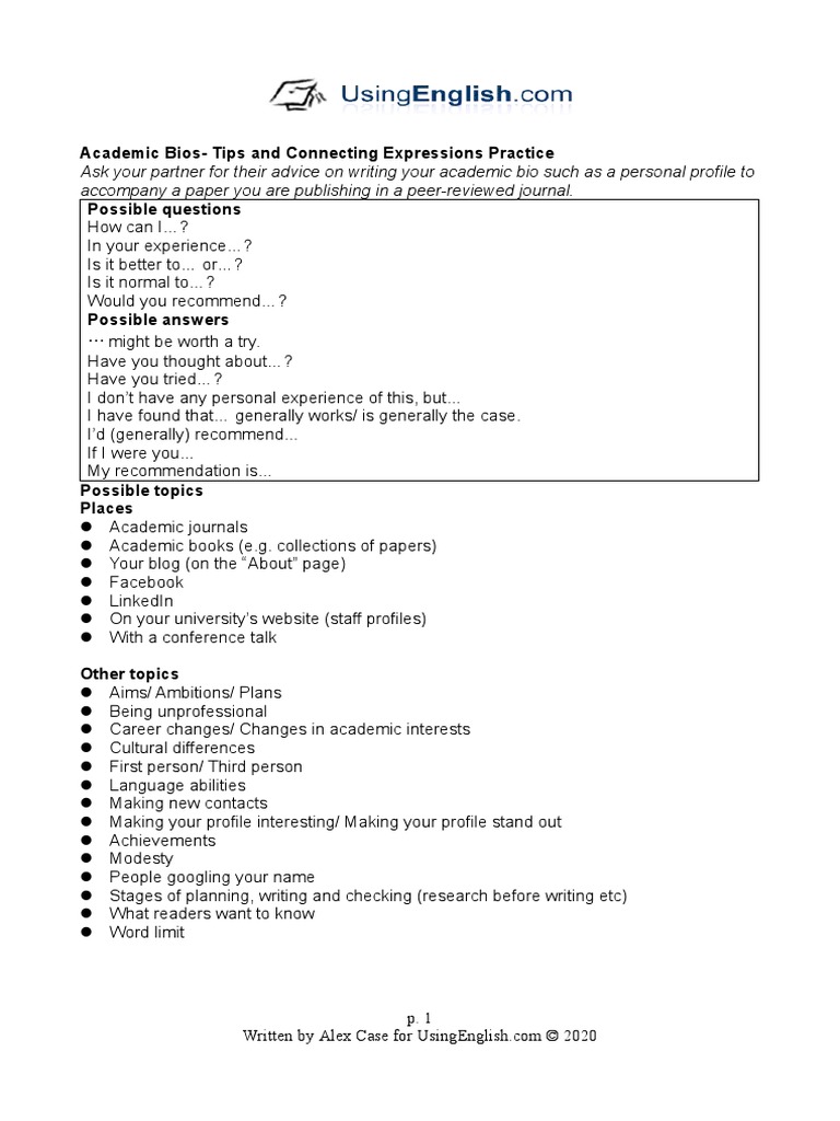 Academic Bios Tips and Connecting Expressions Practice | PDF | Academic ...