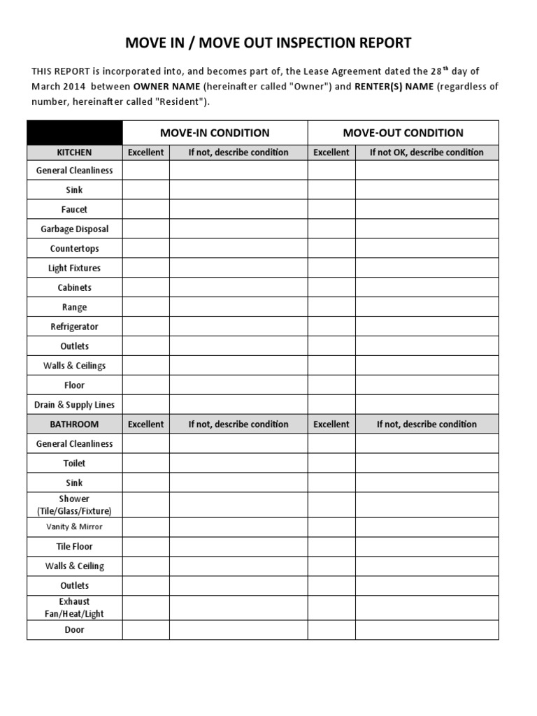 Move In/Out Inspection Report Form | PDF | Sink | Components