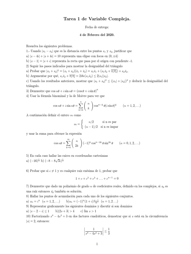 Tarea 1 de Variable Compleja | PDF | Matemática Elemental | Análisis matemático