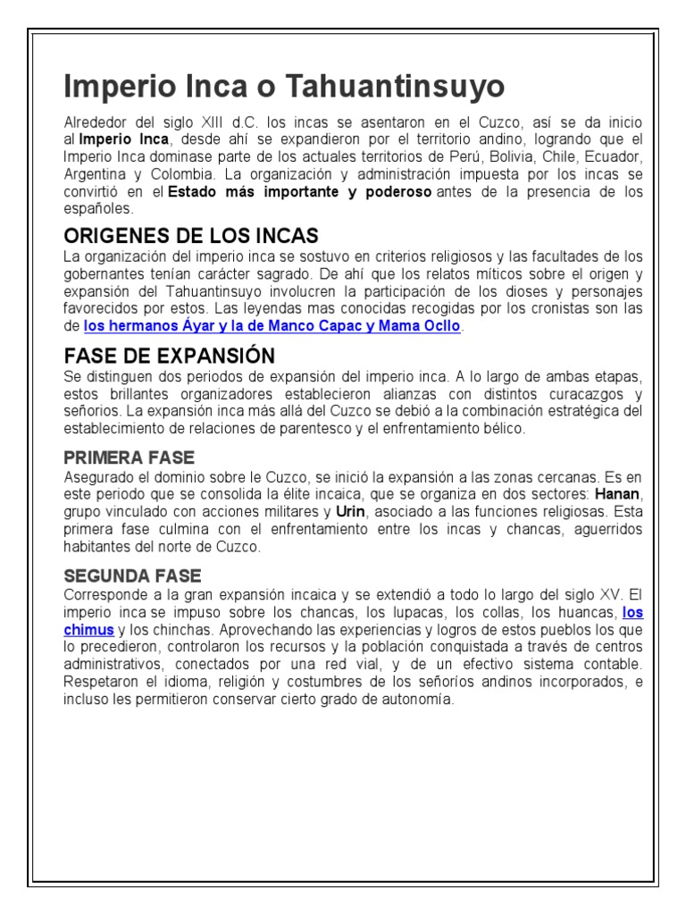 Imperio Inca o Tahuantinsuyo | PDF | Imperio Inca | Perú