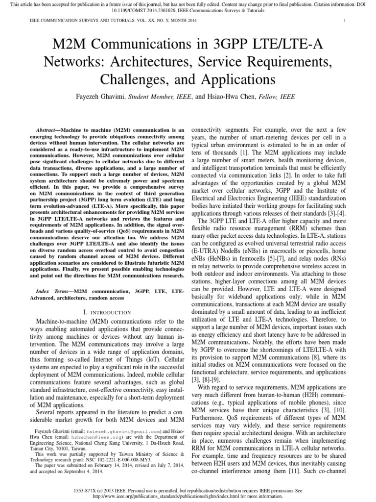 M2M Communications in 3GPP LTE/LTE-A Networks: Architectures, Service Requirements, Challenges ...