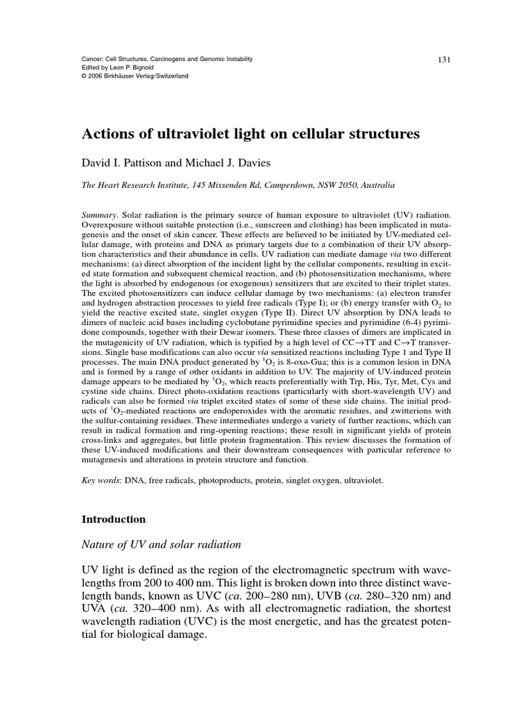 Actions of Ultraviolet Light On Cellular Structures: Nature of UV and ...
