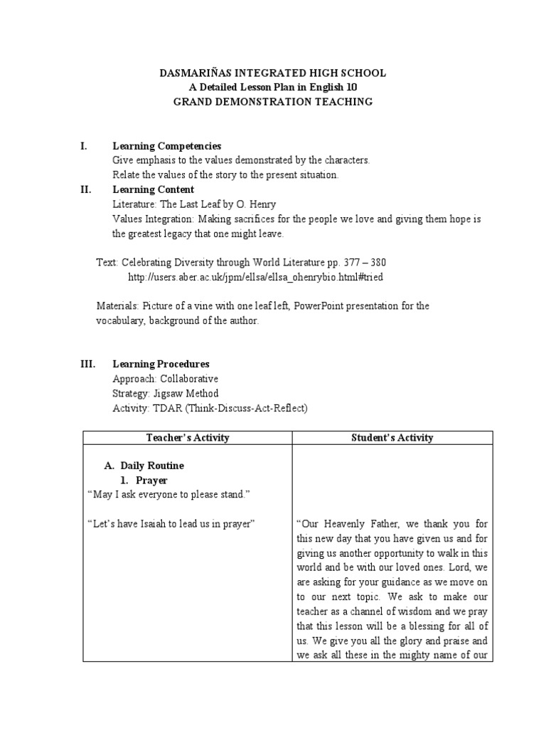 Last Leaf Lesson Plan for Teachers | PDF | O. Henry