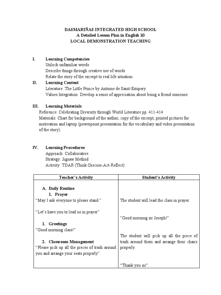 The Little Prince (Detailed Lesson Plan For Grade 10 Students) | PDF ...