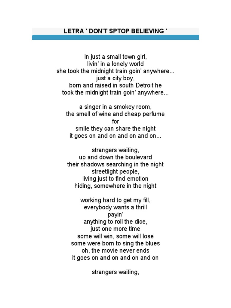 Letra ' Don'T Sptop Believing ' | PDF | Leisure | Entertainment (General)
