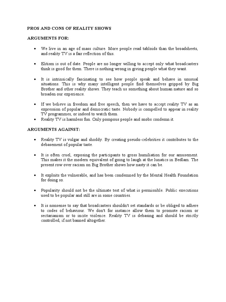 Pros and Cons of Reality Shows | PDF | Reality Television | Drug ...