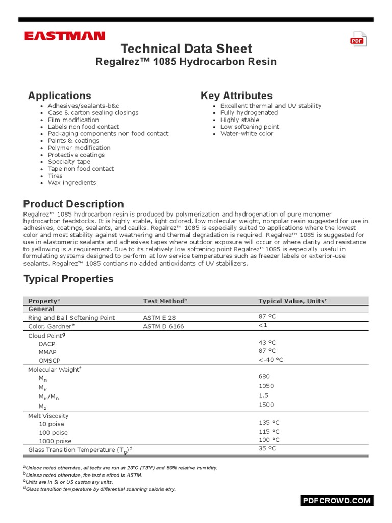 Eastman_tds_Regalrez 1085.pdf | PDF | Adhesive | Volatile Organic Compound