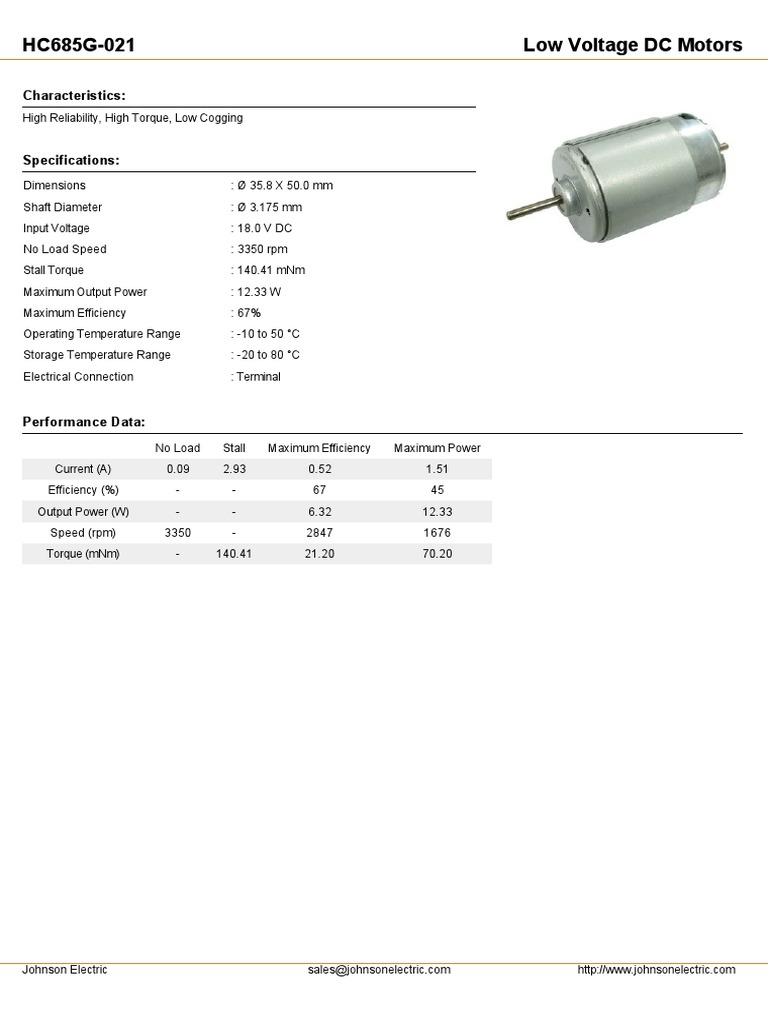 HC685G-021 Low Voltage DC Motors: Characteristics | PDF