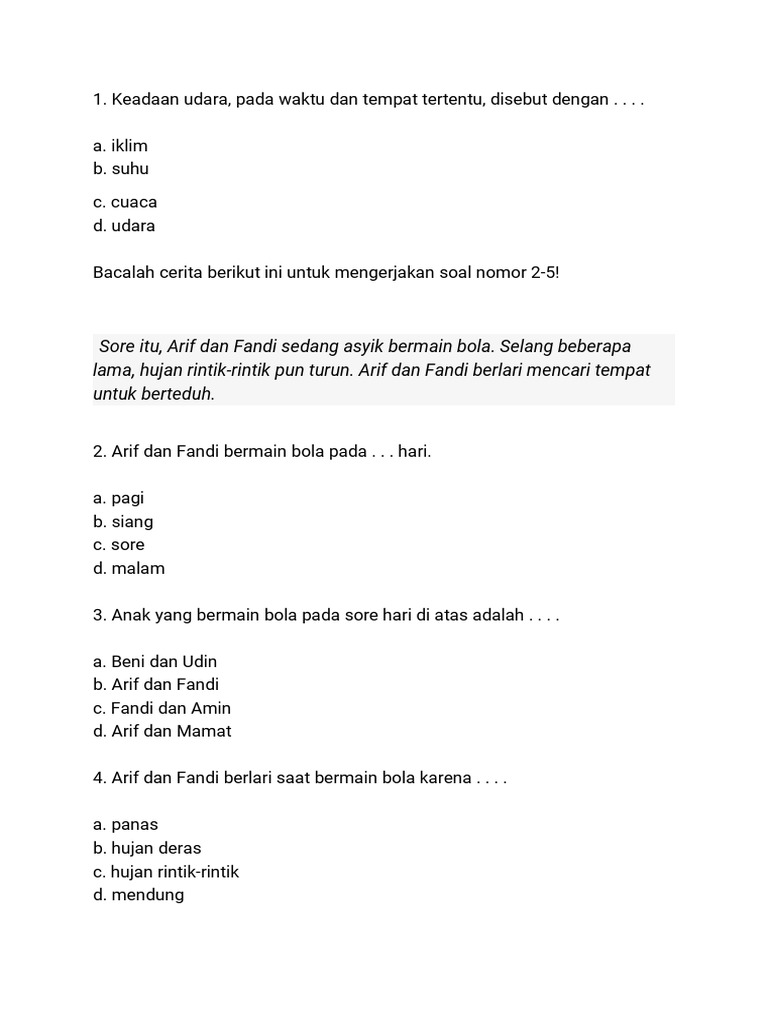 Soal Cuaca dan Pecahan untuk Siswa | PDF | Olahraga & Rekreasi | Seni & Disiplin Bahasa