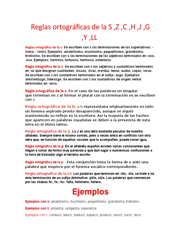 Reglas ortográficas de las letras S, Z, C, H, J, G, Y, LL y ejemplos de ...