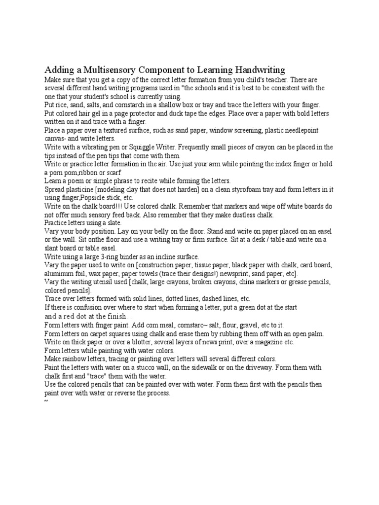 Multi-Sensory Writing | PDF | Paper | Art Materials