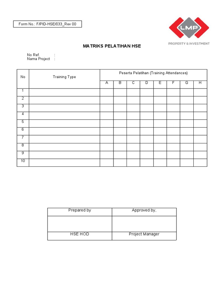 Matriks Pelatihan Hse: Form No.: F/PID-HSE/033 - Rev 00 | PDF | Business | Art