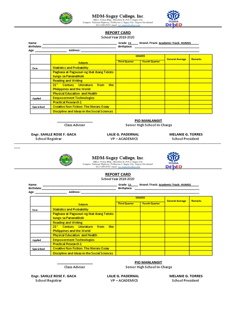 MDM-Sagay College, Inc: Report Card | PDF | Science | Learning