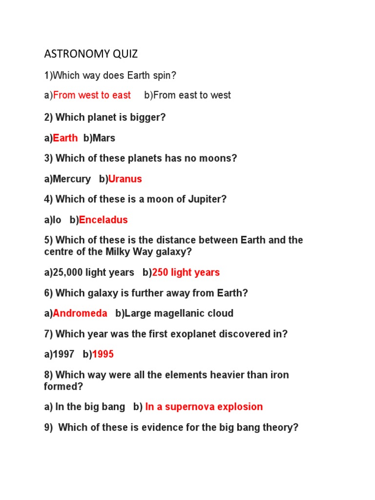 Astronomy and Space Exploration Quiz | PDF | Space Exploration | Space ...