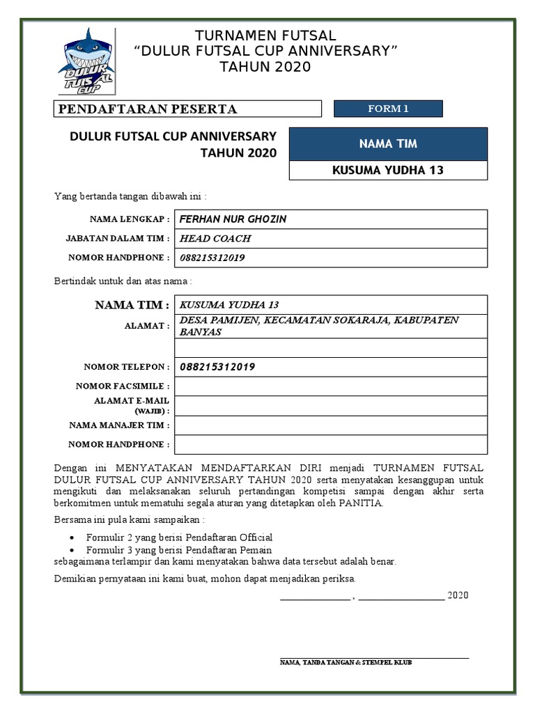 1 - Pendaftaran Tim Futsal | PDF