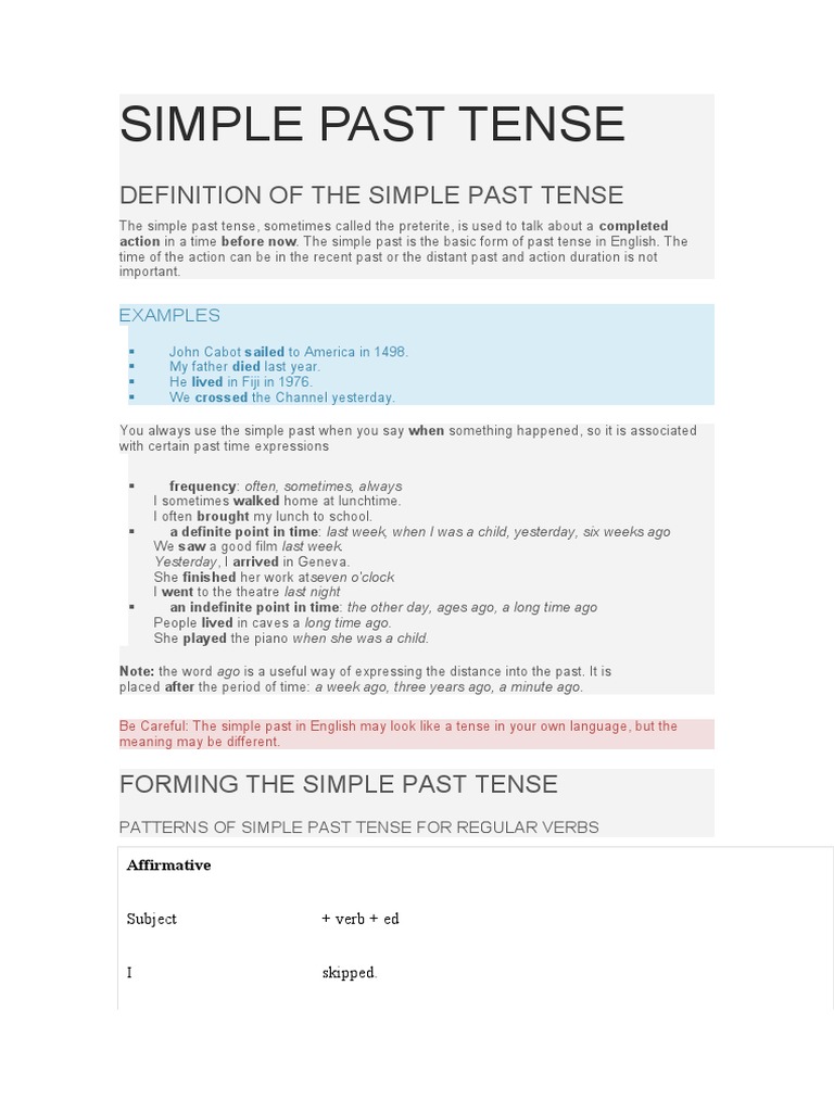Definition of The Simple Past Tense | PDF | Grammatical Tense ...
