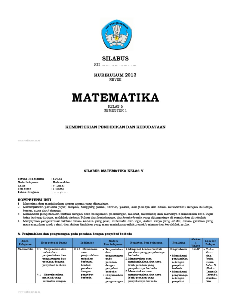 Silabus Matematika Kelas 5 Sem 1 | PDF