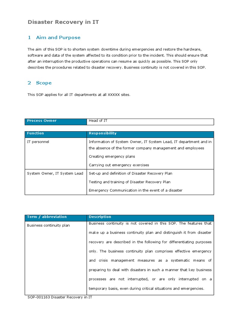 SOP-001163 (Disaster Recovery) | PDF | Disaster Recovery | Emergency