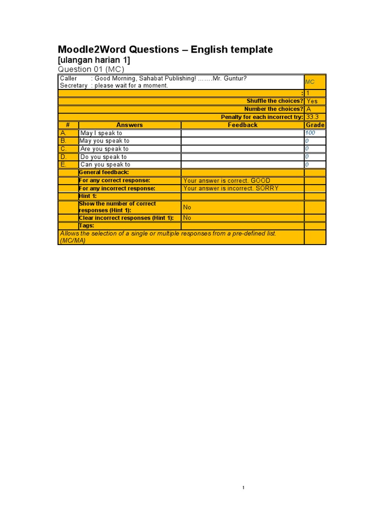 Moodle2Word Questions - English Template: (Ulangan Harian 1) | PDF ...