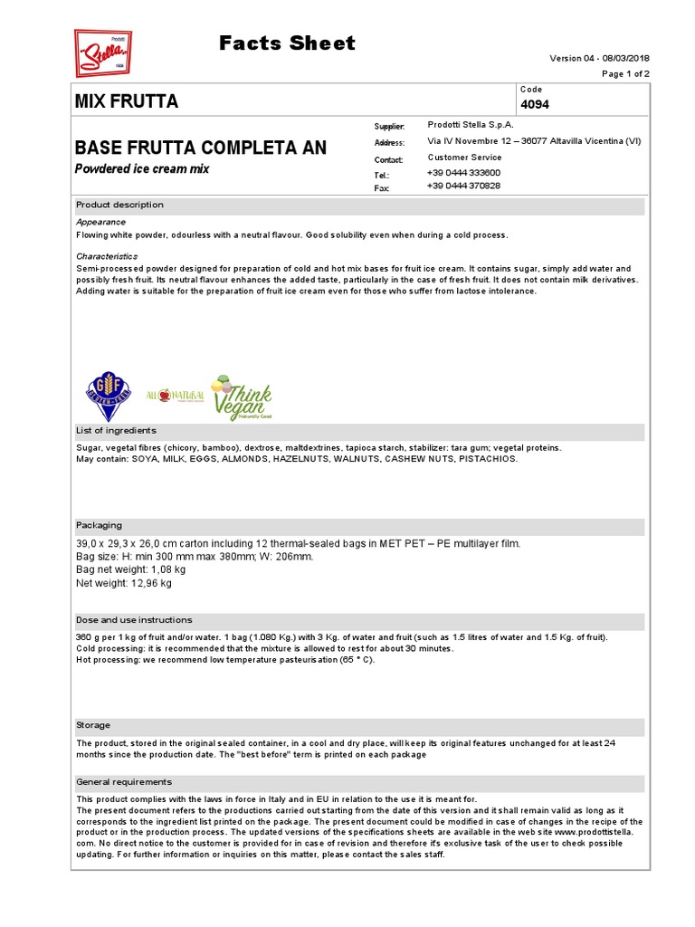 Mix Frutta Base Frutta Completa An: Facts Sheet | PDF | Nutrition Facts ...
