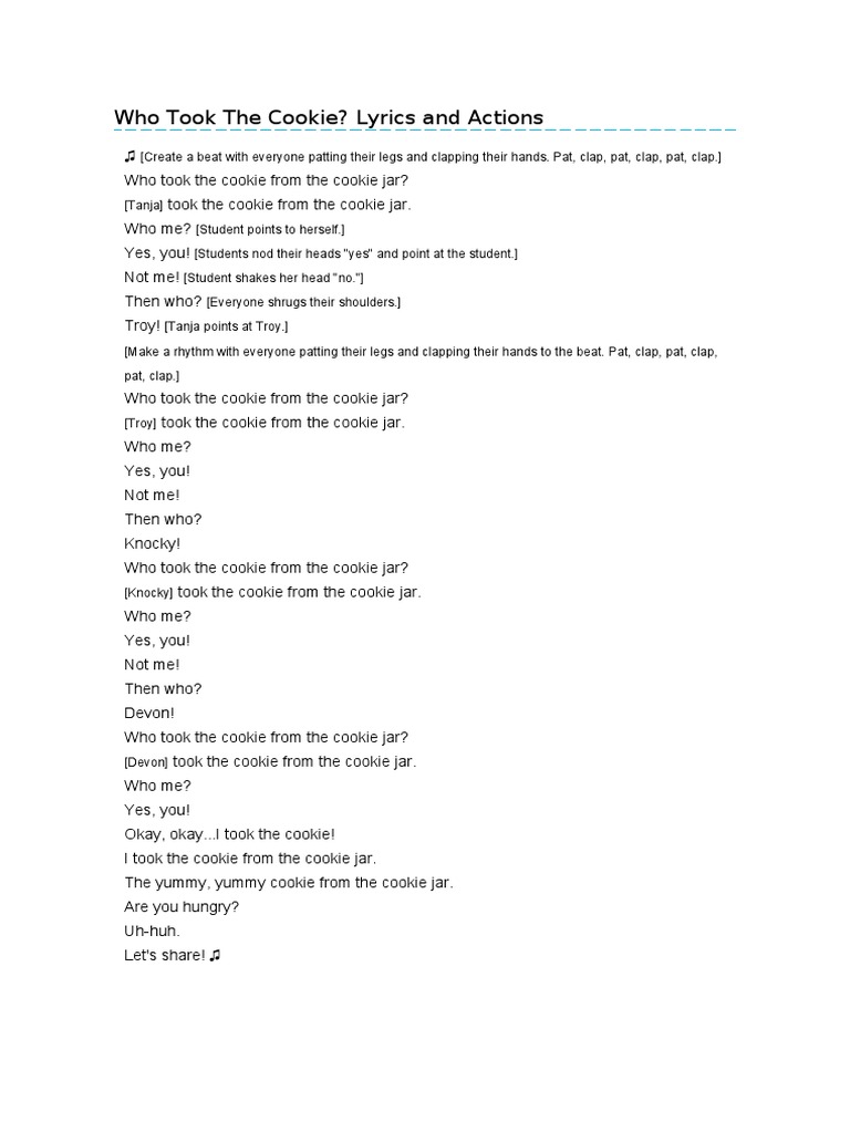Cookie Jar Song Lyrics and Actions | PDF