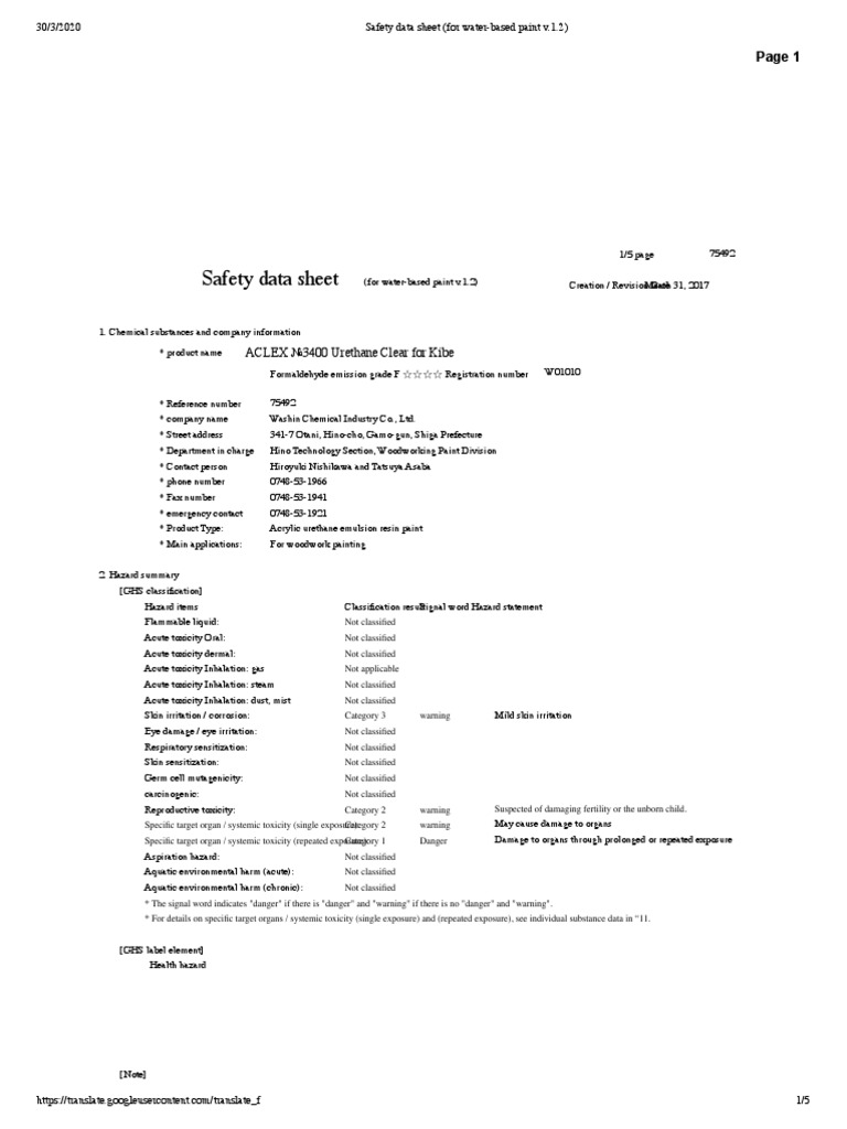 Water-Based Paint Safety Data Sheet | PDF | Toxicity | Personal ...