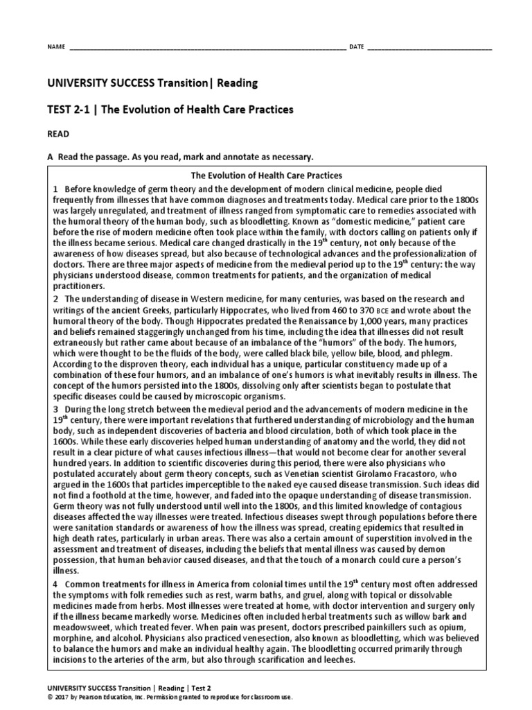 UNIVERSITY SUCCESS Transition - Reading TEST 2-1 - The Evolution of ...