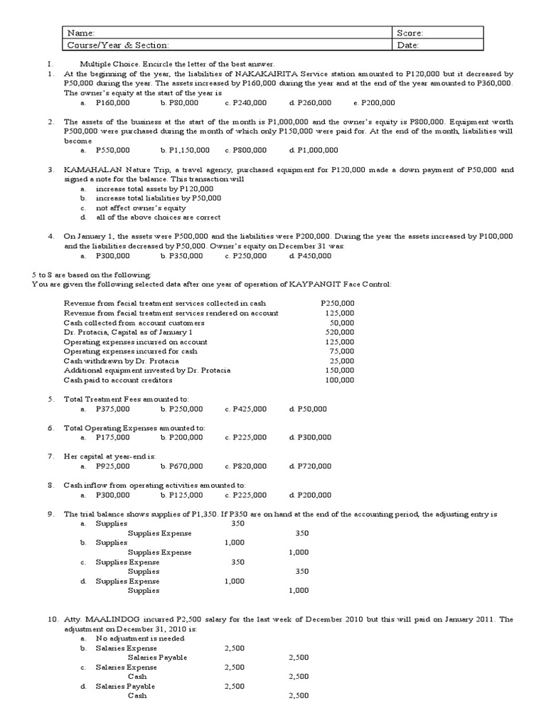 Accounting Practice Exam with Multiple Choice Questions, Journal ...