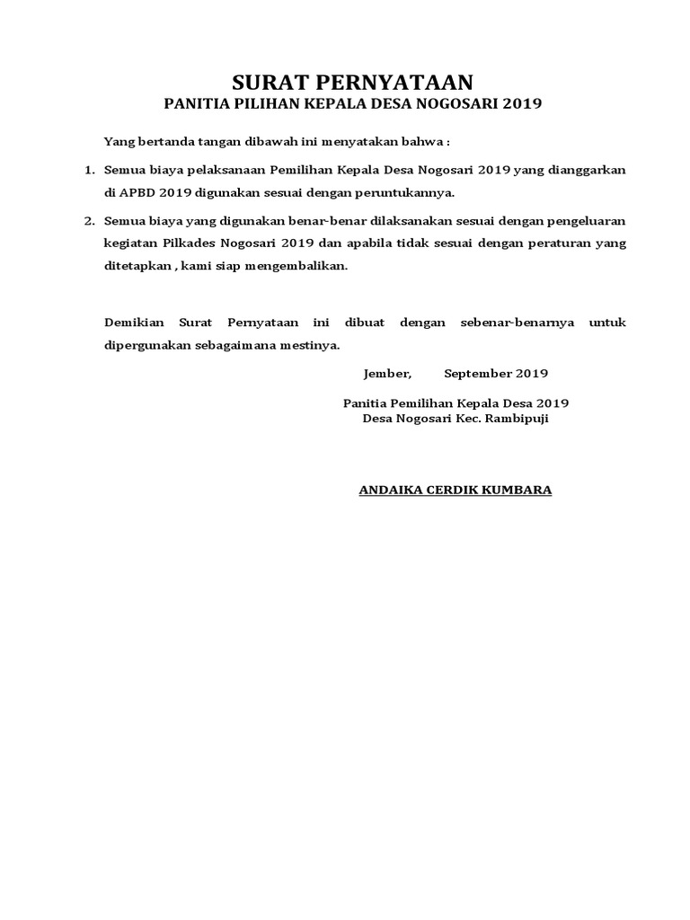 Surat Pernyataan SPJ Pilkades 2019 | PDF