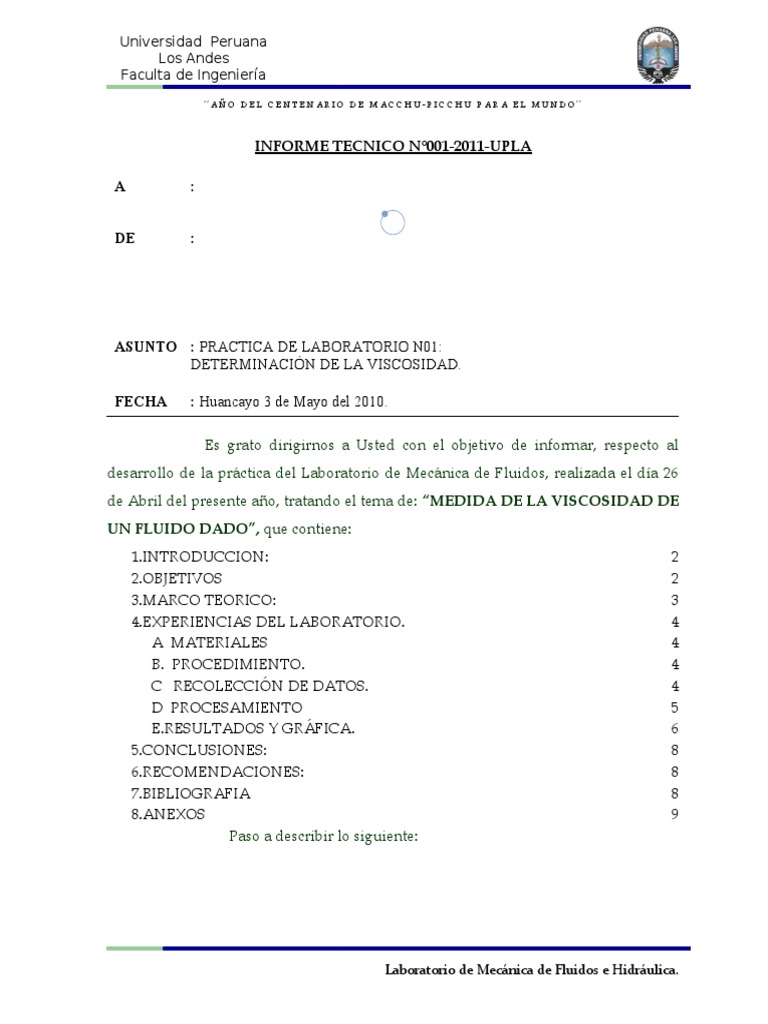 Ensayo de Determinacion de La Viscosidad | PDF | Viscosidad | Laboratorios Ensayo de Determinacion de La Viscosidad | PDF | Viscosidad | Laboratorios