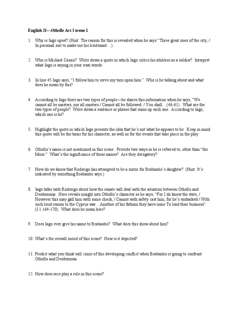 Othello Act I Scene 1 Analysis Questions | PDF