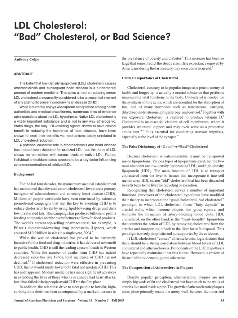 LDL Cholesterol: "Bad" Cholesterol, or Bad Science?: Anthony Colpo | PDF