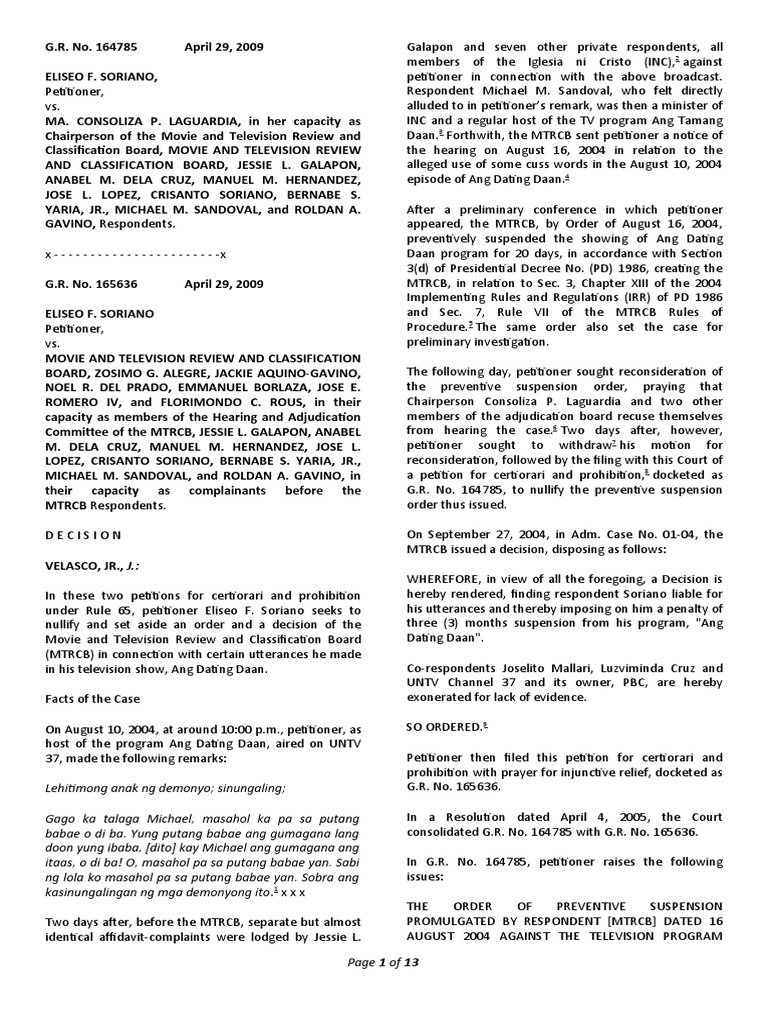 SORIANO v. LAGUARDIA | PDF | Freedom Of Speech | Prior Restraint