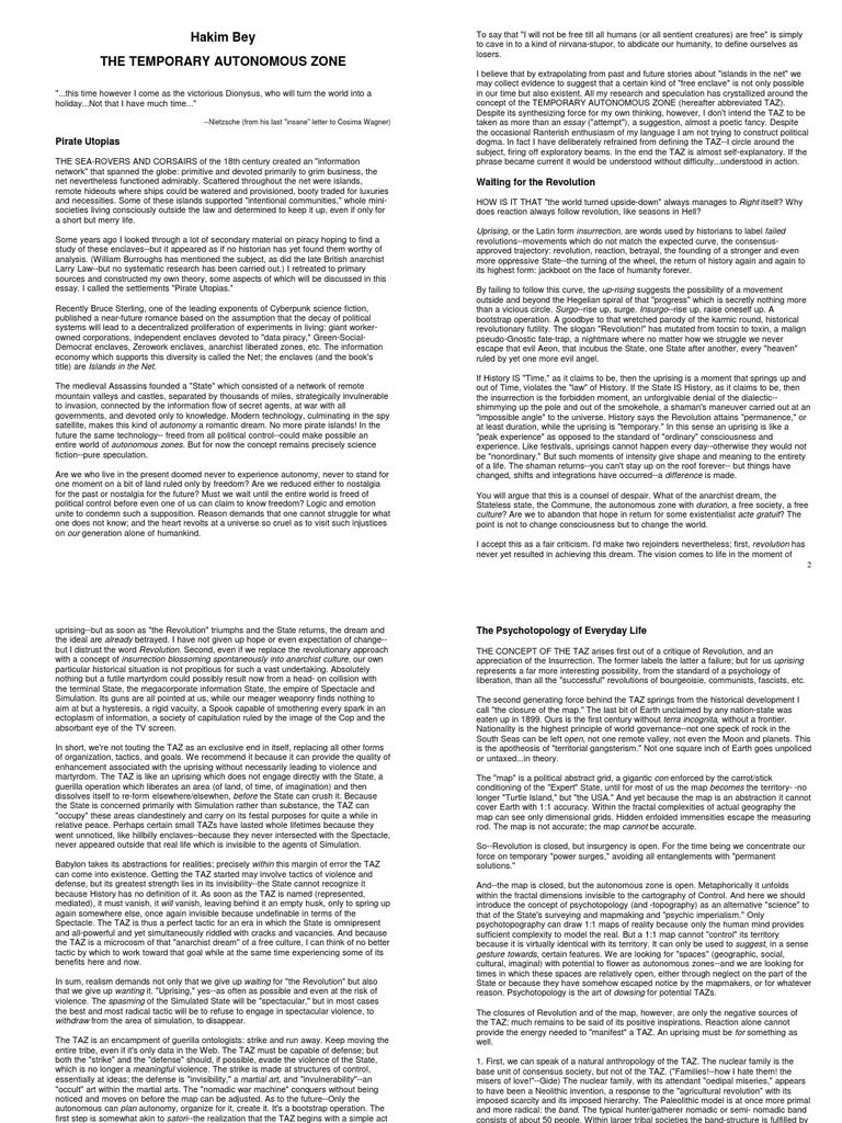 Temporary Autonomous Zones: Exploring Islands of Freedom in an Unfree ...