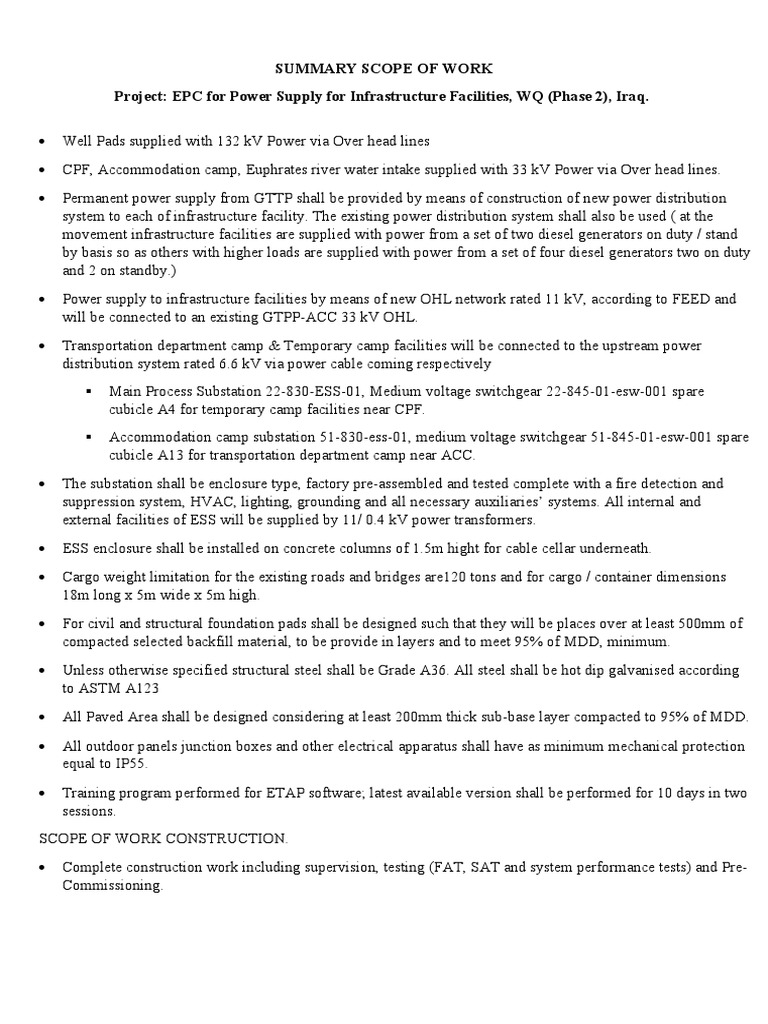 Summary Scope of Work Project: EPC For Power Supply For Infrastructure ...