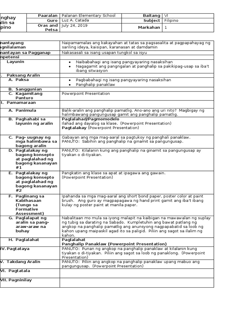 Filipino VI 1st Grading DLL Week 8 | PDF