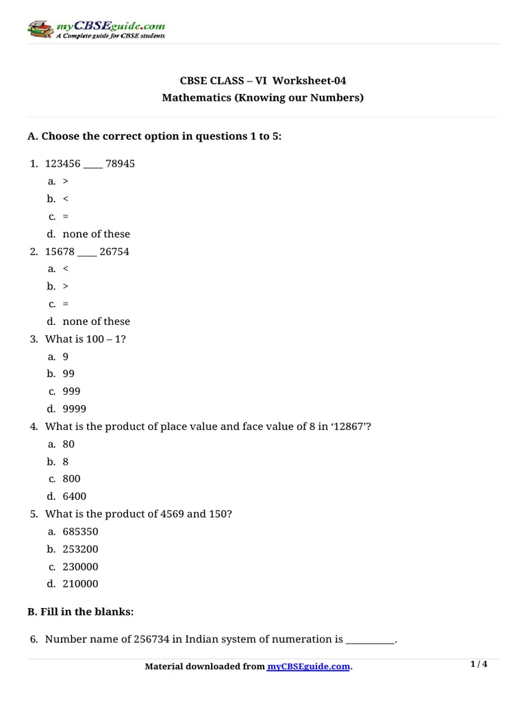 CBSE CLASS - VI Worksheet-04 Mathematics (Knowing Our Numbers) | PDF | Numbers | Teaching ...