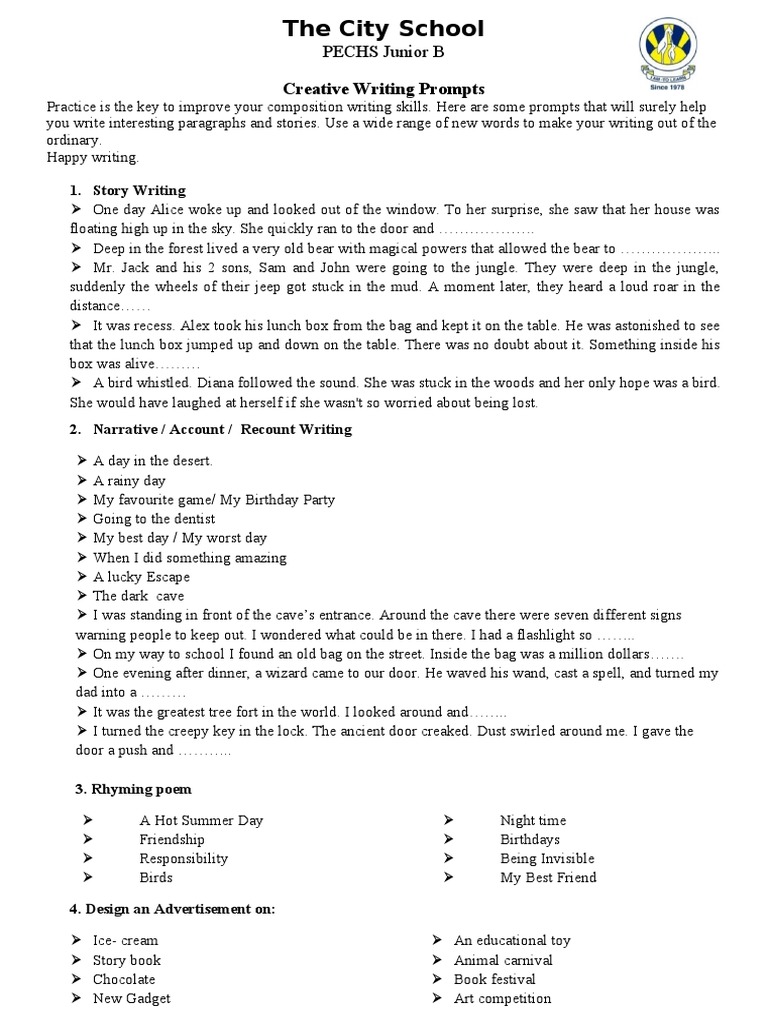 Creative Writing Prompts: PECHS Junior B | PDF