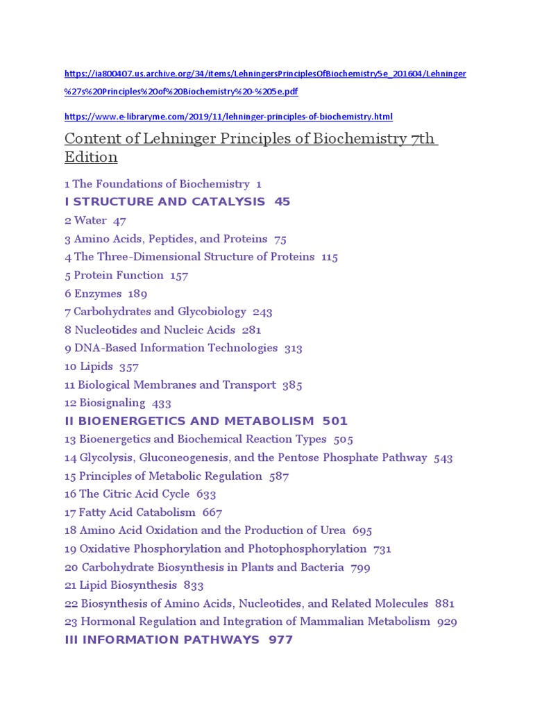 Lehninger Biochemistry 7th Edition Contents | PDF | Wellness | Science ...