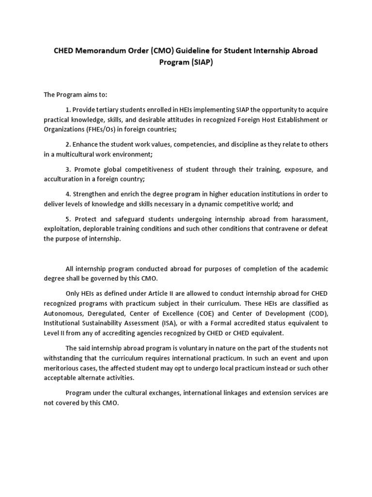 CHED Memorandum Order CMO Guidelines For Student Internship Abroad ...