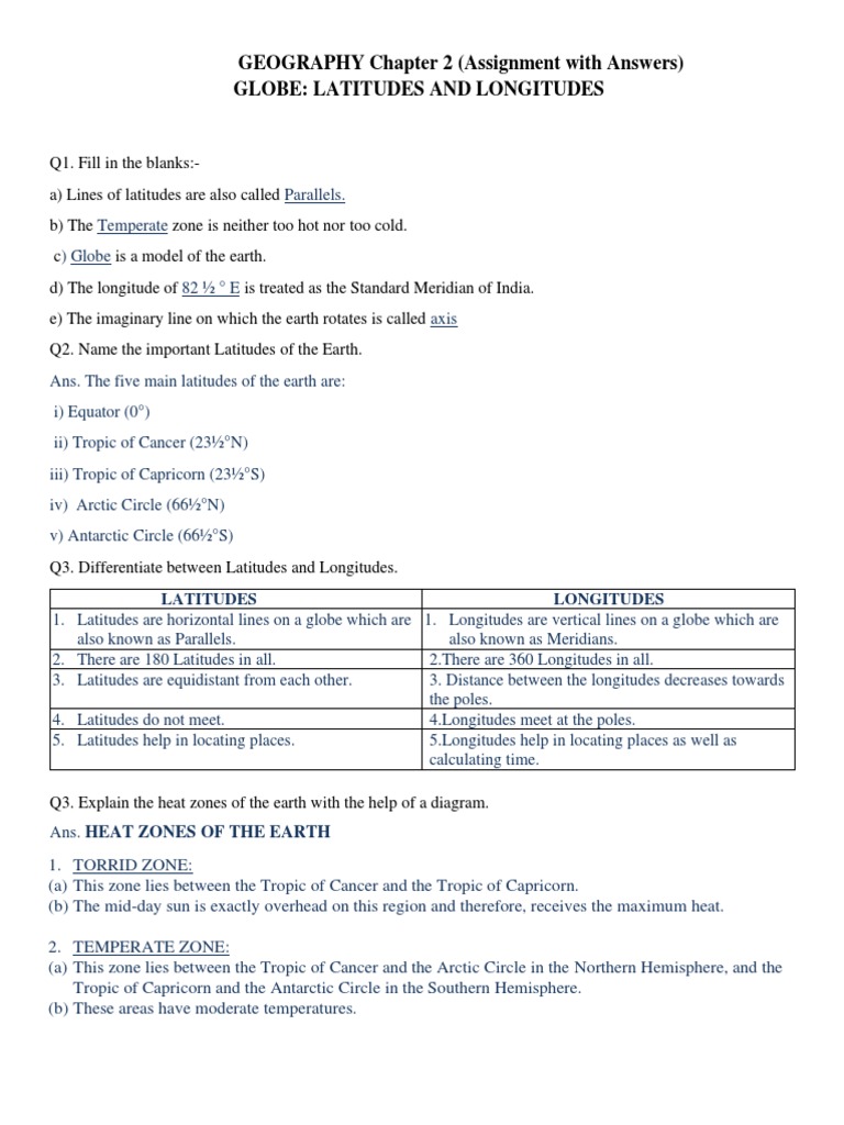 GEOGRAPHY Chapter 2 (Assignment With Answers) Globe: Latitudes and ...