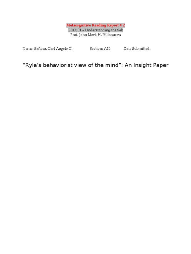 "Ryle's Behaviorist View of The Mind": An Insight Paper | PDF