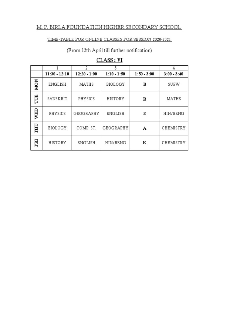 Class 6 - Online Class Time Table PDF | PDF