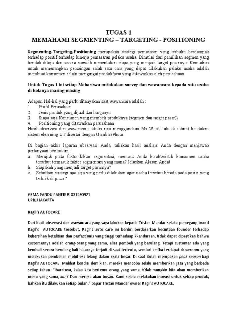 TUGAS 1 - Memahami Segmenting-Targeting-Positioning-1 | PDF | Bisnis